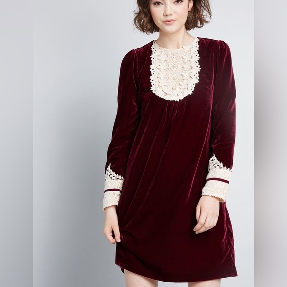 Modcloth | Dresses | Modcloth Anna Sui Velvet Burgundy Dress With Lace ...